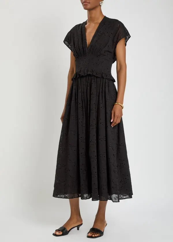 Tory Burch Embroidered Cotton Midi Dress - Black
