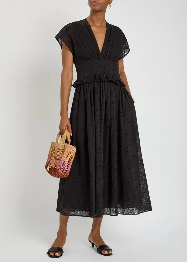 Tory Burch Embroidered Cotton Midi Dress - Black