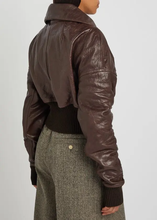 Rick Owens Cropped Leather Bomber Jacket - Dark Brown