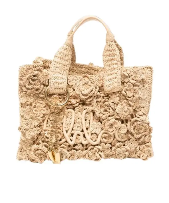 Chloé Raffia Crochet Tote Bag With Floral Embellishment - Nude