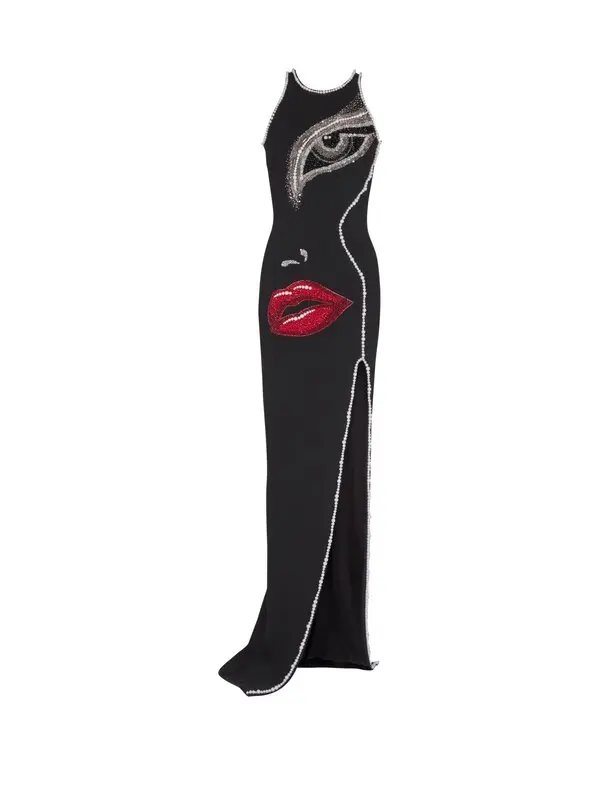 Balmain Face Motif Long Embroidered Dress - Black