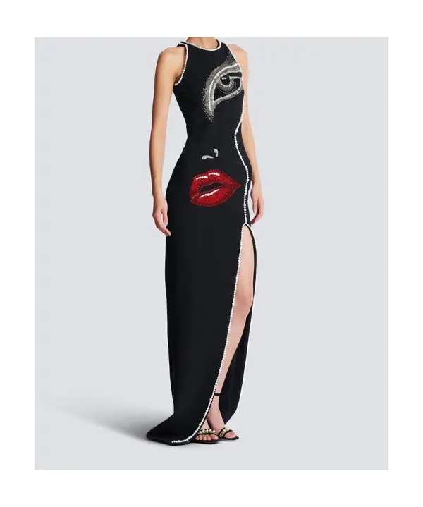 Balmain Face Motif Long Embroidered Dress