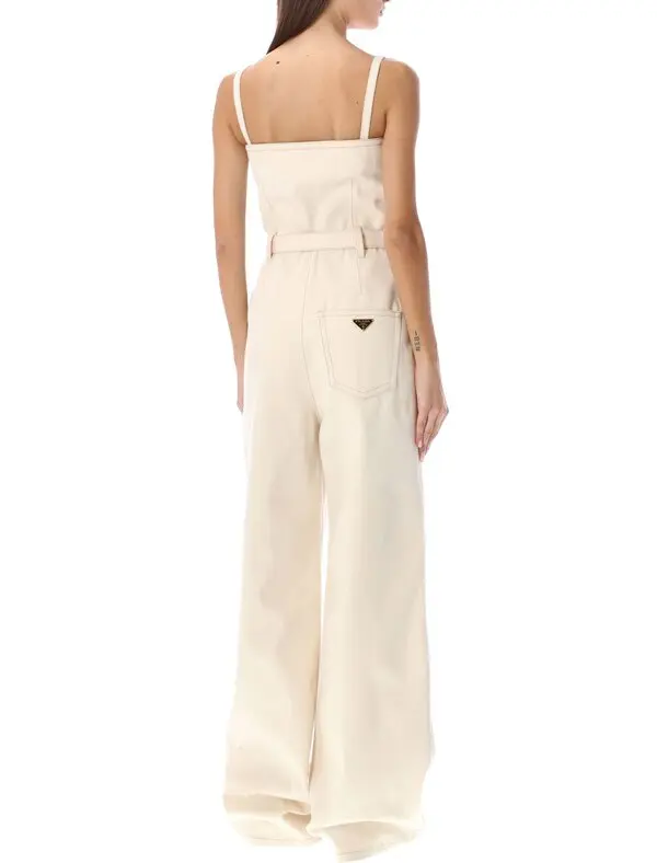 Prada Belted Sleeveless Tailored Jumpsuit With Wide Leg