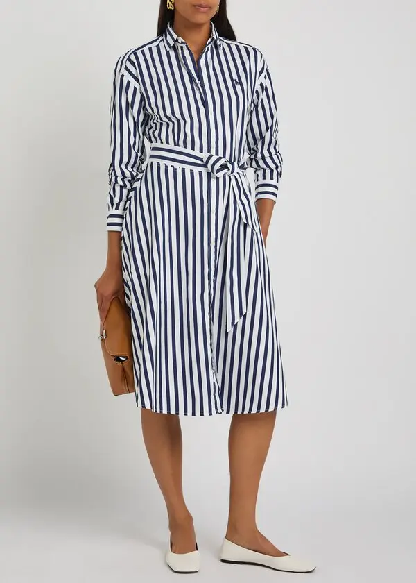 Polo Ralph Lauren Embroidered Striped Cotton Poplin Midi Shirt Dress