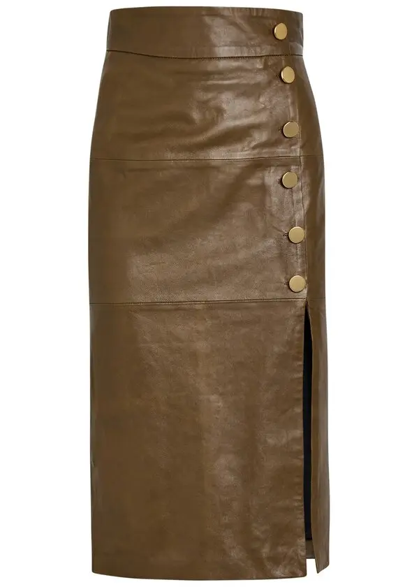 SKIIM Lucy Leather Midi Skirt - Khaki