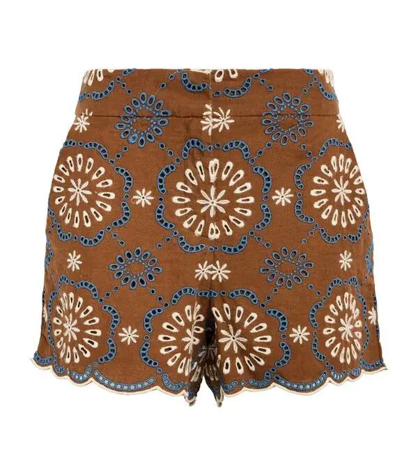 Veronica Beard Broderie Anglaise Linen Shorts - Brown