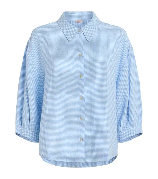 Eberjey Linen-blend Gingham Pyjama Top - Blue