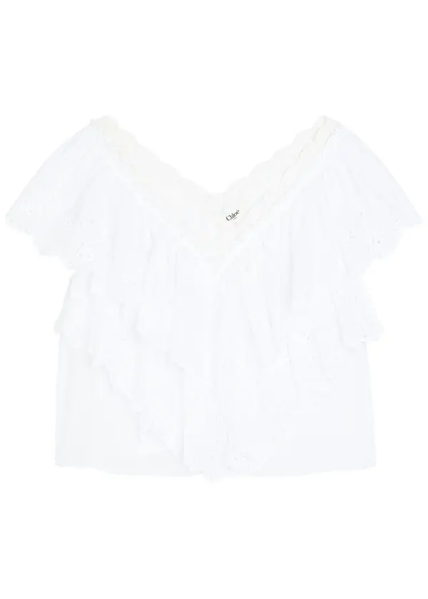 Chloé Embroidered Ruffled Cotton Cropped Top - White