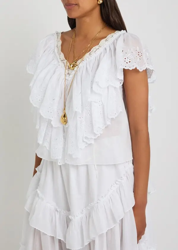 Chloé Embroidered Ruffled Cotton Cropped Top