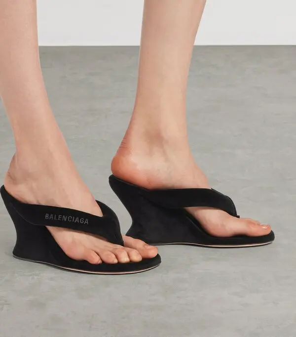 Balenciaga Velvet Thong Wedge Sandals - Black