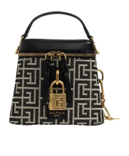 Balmain Monogrammed Zippered Handbag With Lock Detail - Black