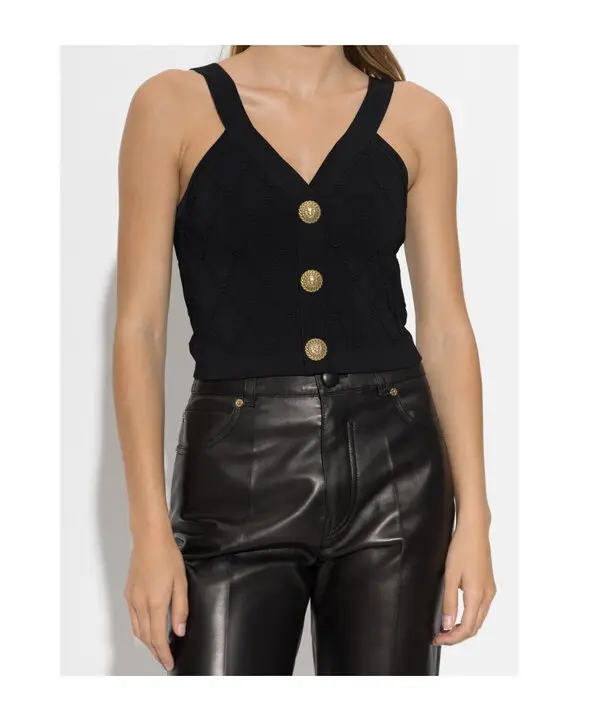 Balmain Buttoned Knit V-neck Cropped Top