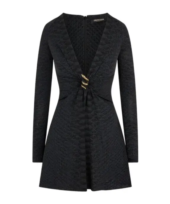 Roberto Cavalli Dress With Serpentine Print And Jewel Detail - Black