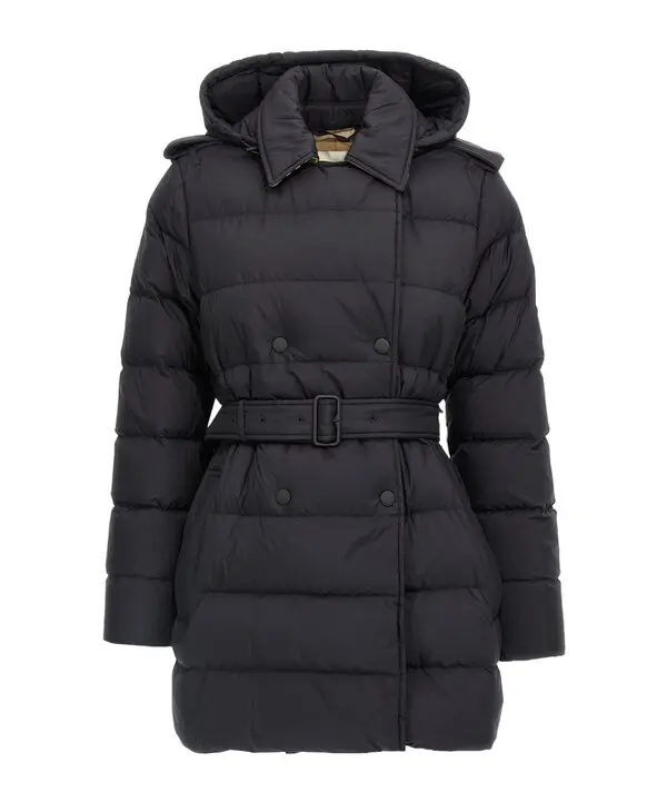 Burberry Double Breasted Belted Hooded Down Coat - Black