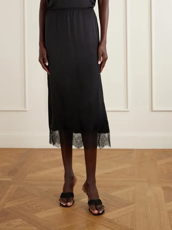 ANINE BING Shelby Elastic Waistband Midi Skirt With Lace Trim