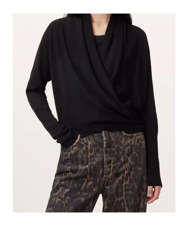 ALLSAINTS Draped Knit Wrap Top With Long Sleeves - Black