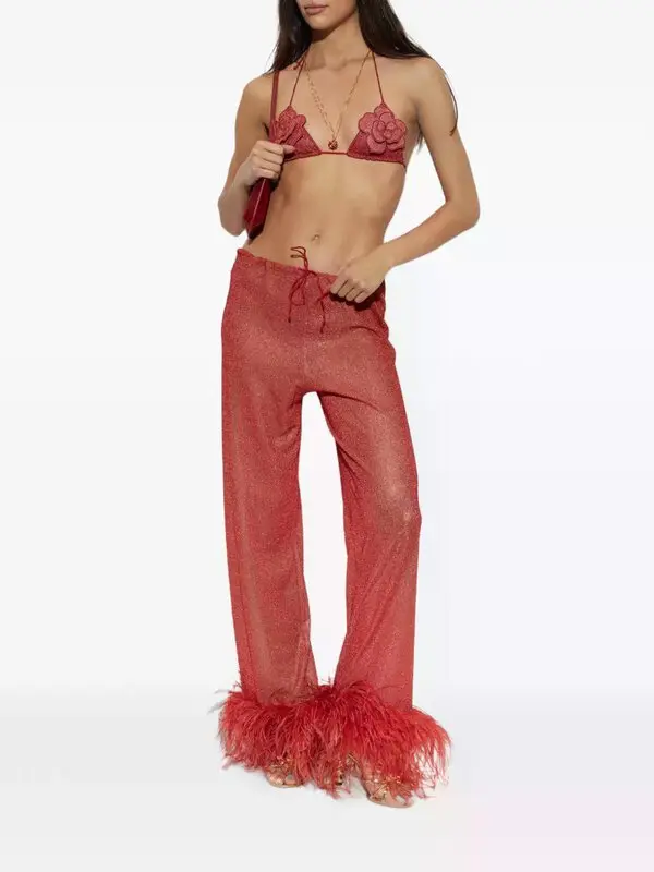 Oseree Feather-trimmed Metallic Trousers