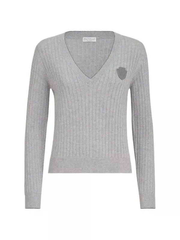 Brunello Cucinelli Ribbed Cotton V-neck Sweater With Logo Patch - Grey