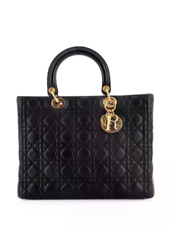 Dior Lady Bag Cannage Quilt Lambskin Large Tote Bag - Black