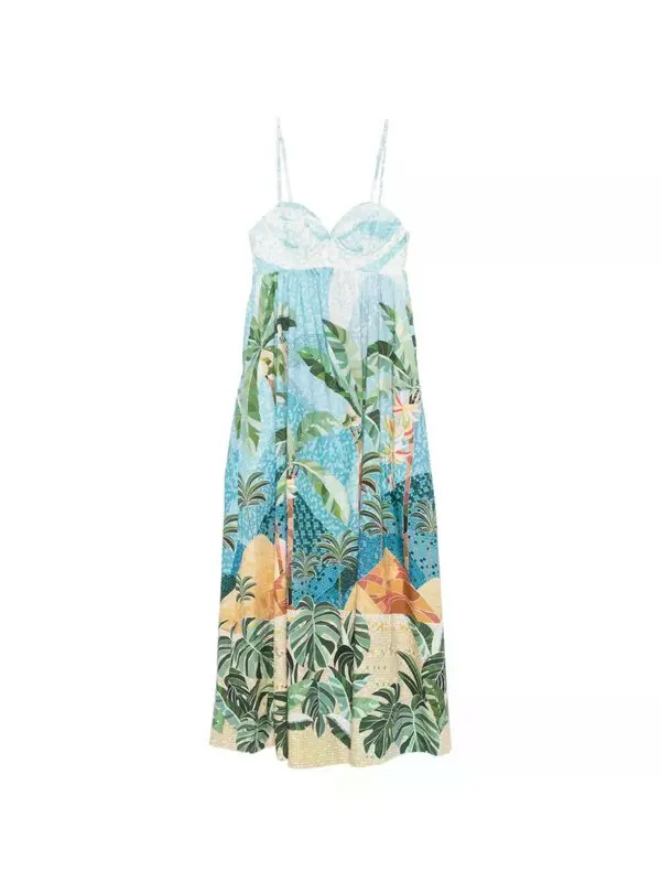 Farm Rio Rio Mosaic Sweetheart Neck Midi Dress - Blue