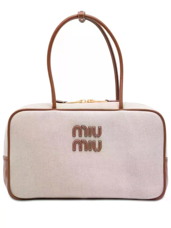 Miu Miu 2010-2026 Large Canvas And Leather Logo Beau Handbag - Brown