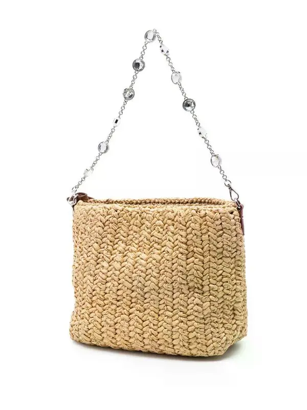 Miu Miu 2010-2026 Raffia Floral Applique Crystal Chain Satchel - Neutrals