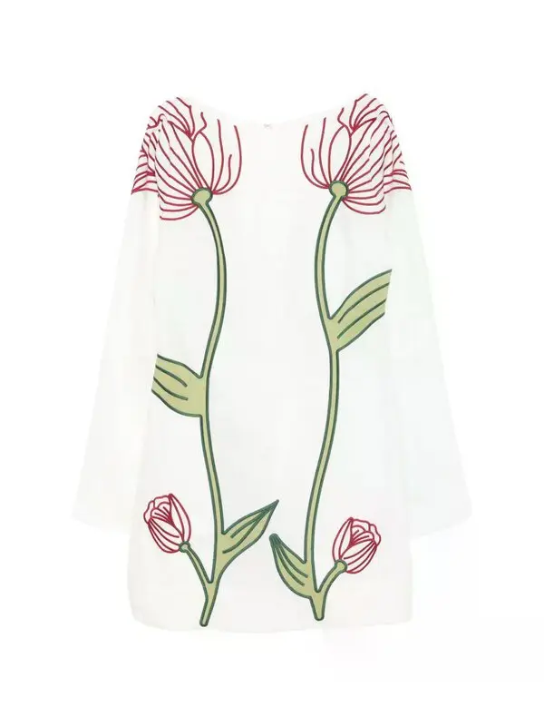 Farm Rio Embroidered Floral-patch Mini Dress - White