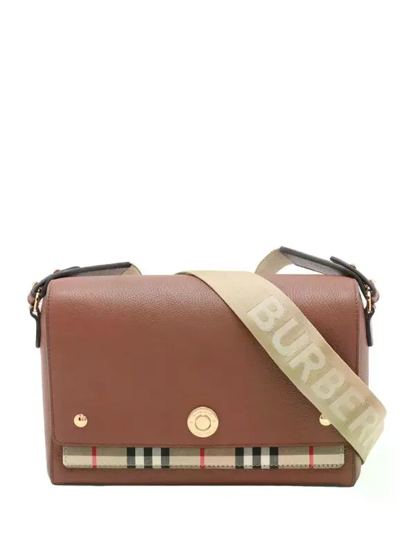 Burberry 2018-2023 Leather And House Check Canvas Note Crossbody Bag - Brown
