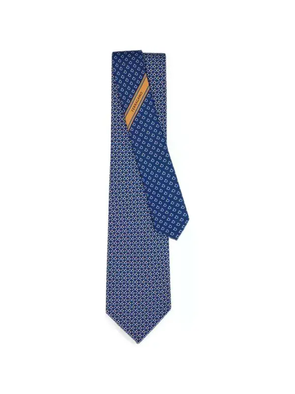 FERRAGAMO Gancini Square-print Silk Neck Tie - Blue