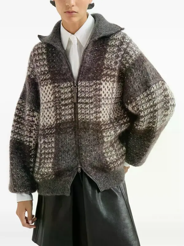 Brunello Cucinelli Tartan Double Knit Mohair, Virgin Wool, And Cashmere Jacket - Grey