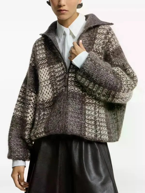 Brunello Cucinelli Tartan Double Knit Mohair, Virgin Wool, And Cashmere Jacket - Grey