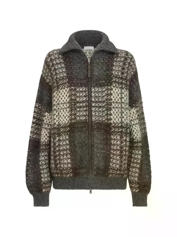 Brunello Cucinelli Tartan Double Knit Mohair, Virgin Wool, And Cashmere Jacket - Grey