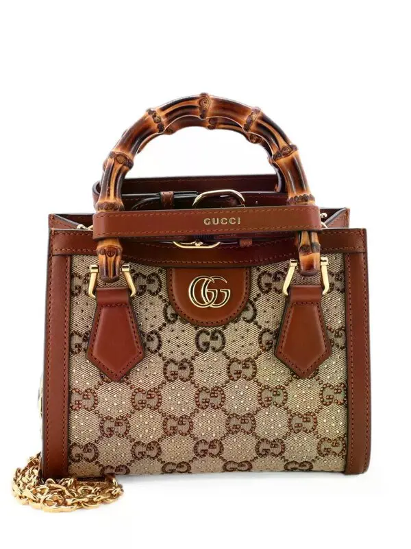 Gucci Diana Nm Bamboo Handle Crystal Embellished Gg Canvas Mini Tote Bag - Brown