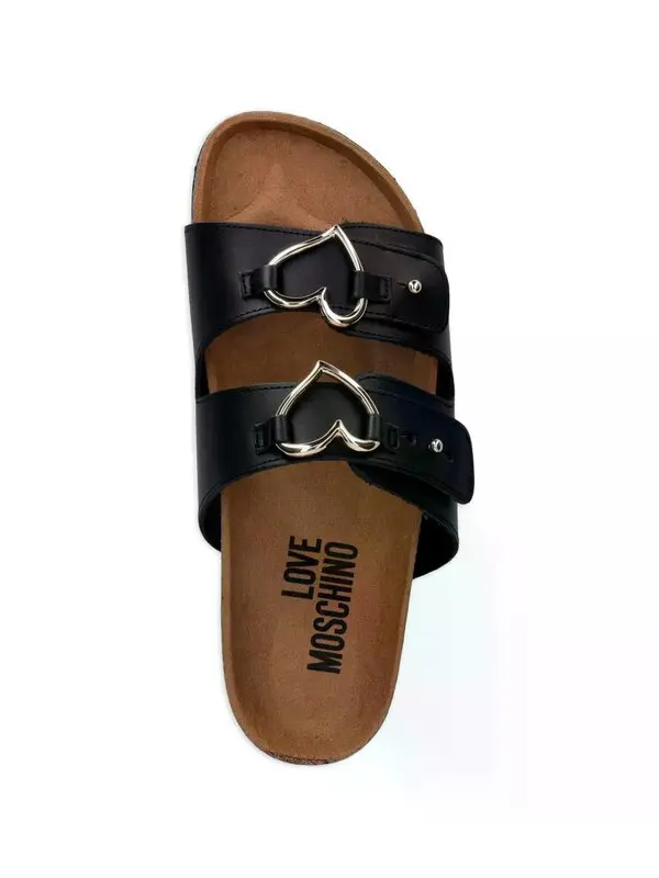 Moschino Heart Buckle Leather Slides - Black