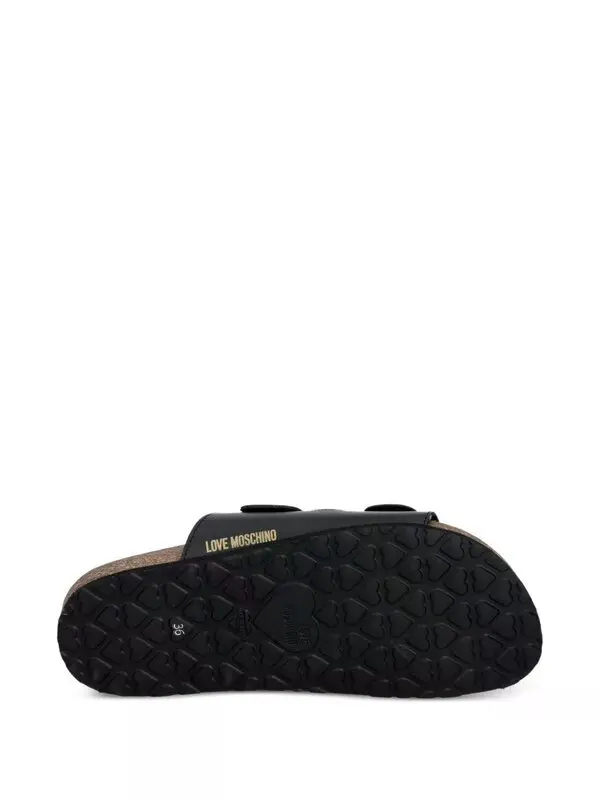 Moschino Heart Buckle Leather Slides - Black