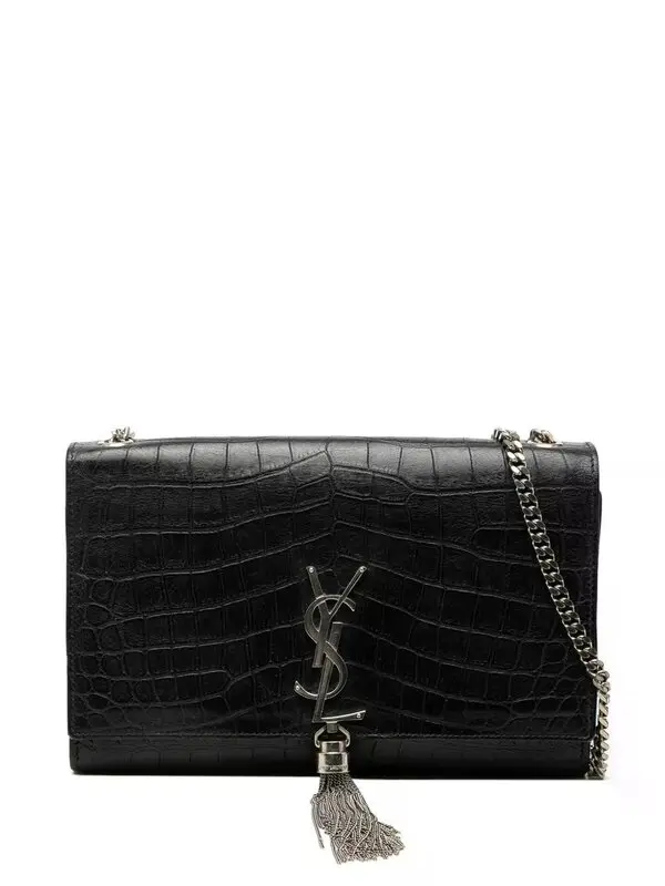 Saint Laurent 2016 Medium Croc Embossed Leather Monogram Kate Tassel Crossbody Bag - Black