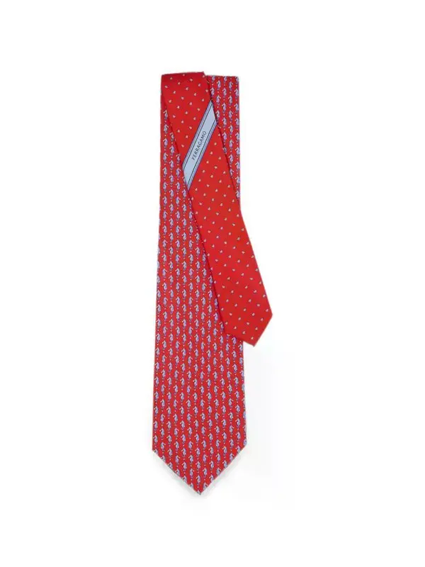 FERRAGAMO Seahorse Print Silk Neck Tie - Red