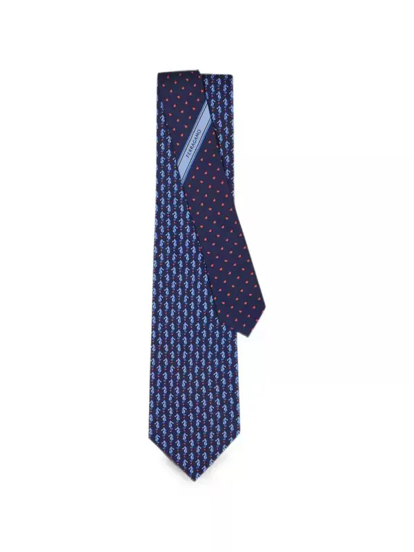 FERRAGAMO Seahorse Print Silk Necktie - Blue