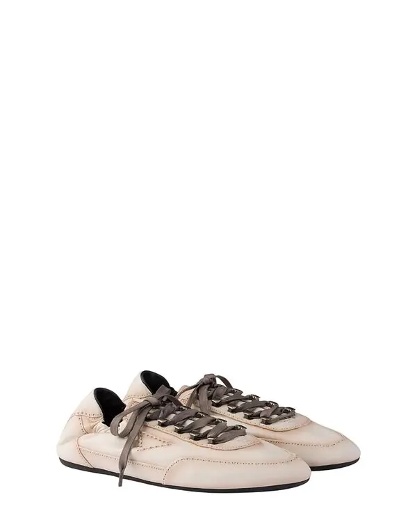 Prada Antiqued Nappa Leather Collapsible Sneakers With Hooks - Neutral