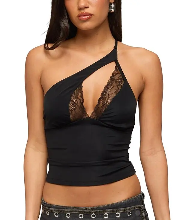 EDIKTED One Shoulder Peekaboo Lacey Cutout Top