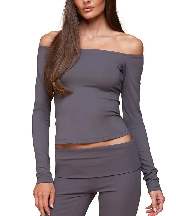 EDIKTED Tezia Off Shoulder Long Sleeve Top - Gray