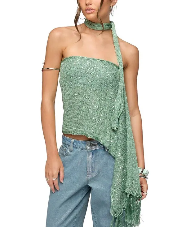 EDIKTED Two Piece Sequin Knit Scarf Top - Sage