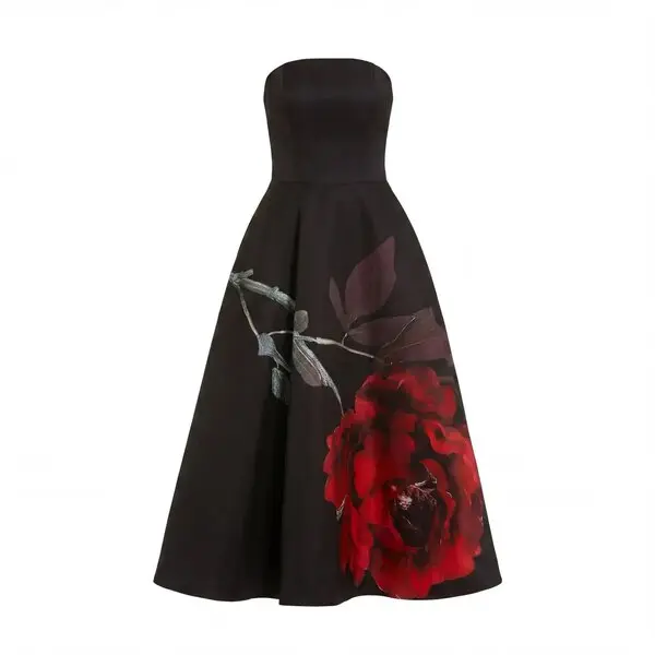 Mac Duggal Printed Satin Strapless Midi Dress With Pockets - Black