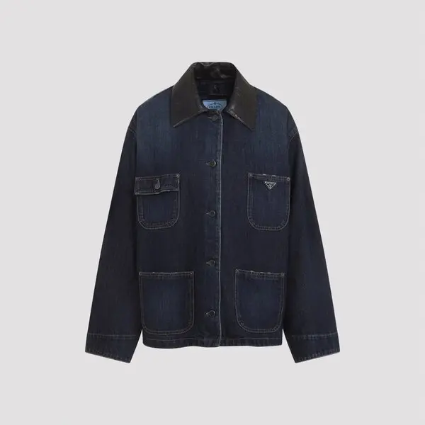 Prada Cotton Blouson Jacket With Leather Collar - Blue