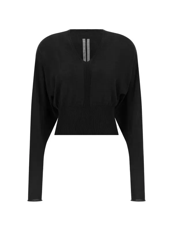 Rick Owens Long-sleeve Virgin Wool V-neck Top With Ribbed Hem - Nero