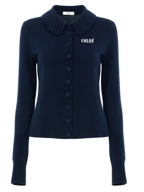 Chloé Wool Cardigan With Guipure Trim And Contrast Logo - Blu