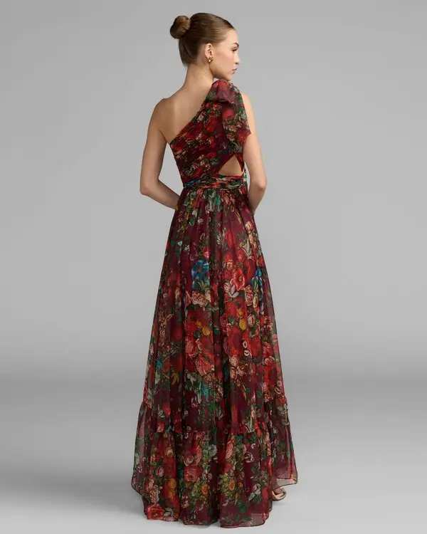 Mac Duggal One Shoulder Floral Printed Chiffon Gown With Side Cut Out And Slit - Red