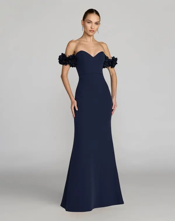 Mac Duggal Crepe Off The Shoulder Gown With 3d Flowers - Navy