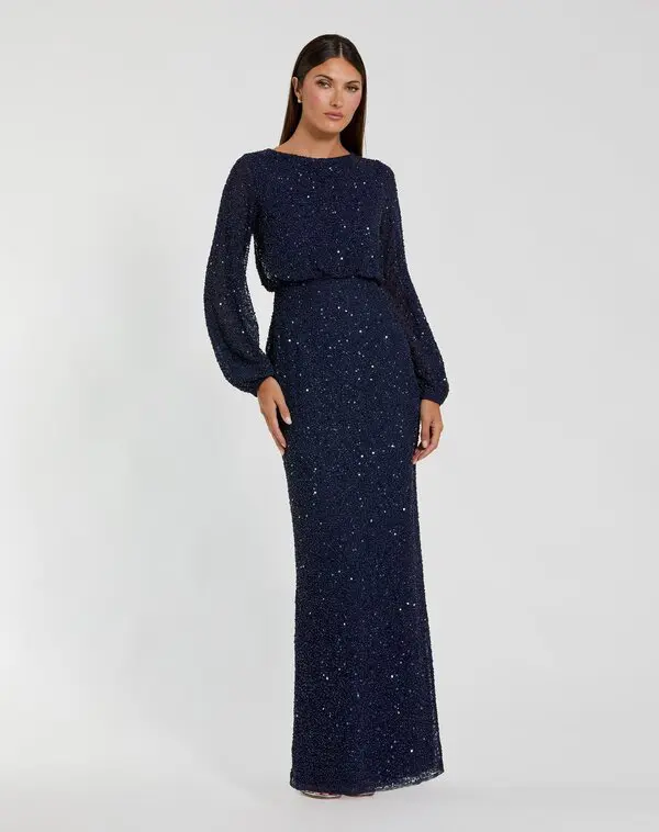 Mac Duggal Sequin Blouson Long Sleeve Gown - Navy