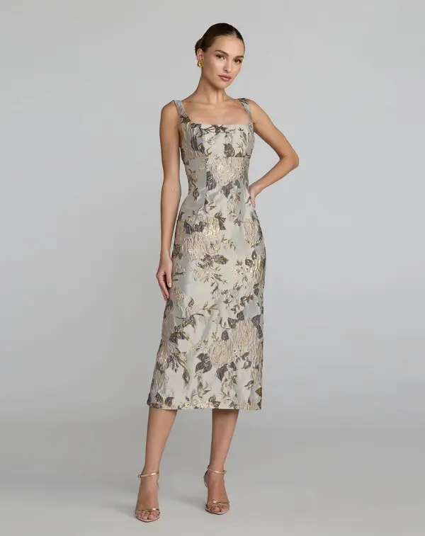 Mac Duggal Floral Square Neck Midi Dress